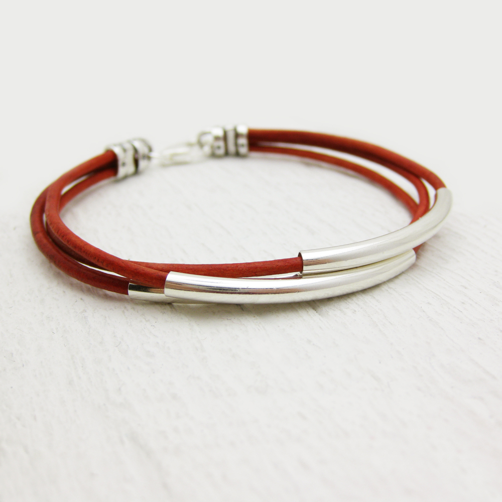 byJodi Jewelry | Red Leather Bracelet with Solid Sterling Silver Tubes